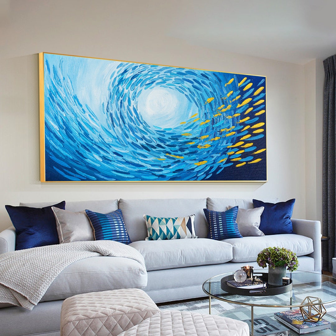 School of Fish Abstract Blue Fish Painting Horizontal Fish Texture Art ...