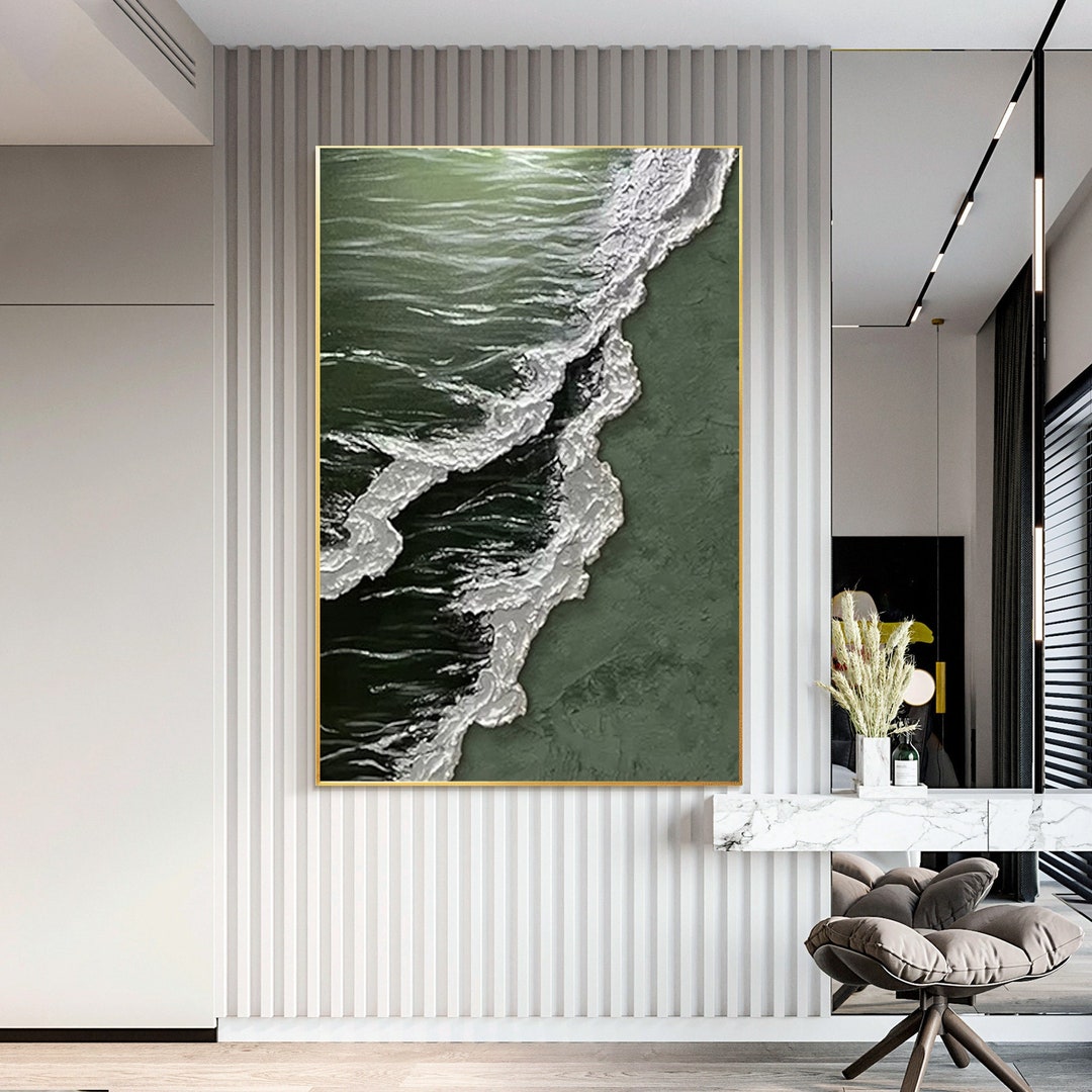 Sea Wave Painting 3D Textured Art White Green Riptide Abstract Wall Art White Texture Handmade ...