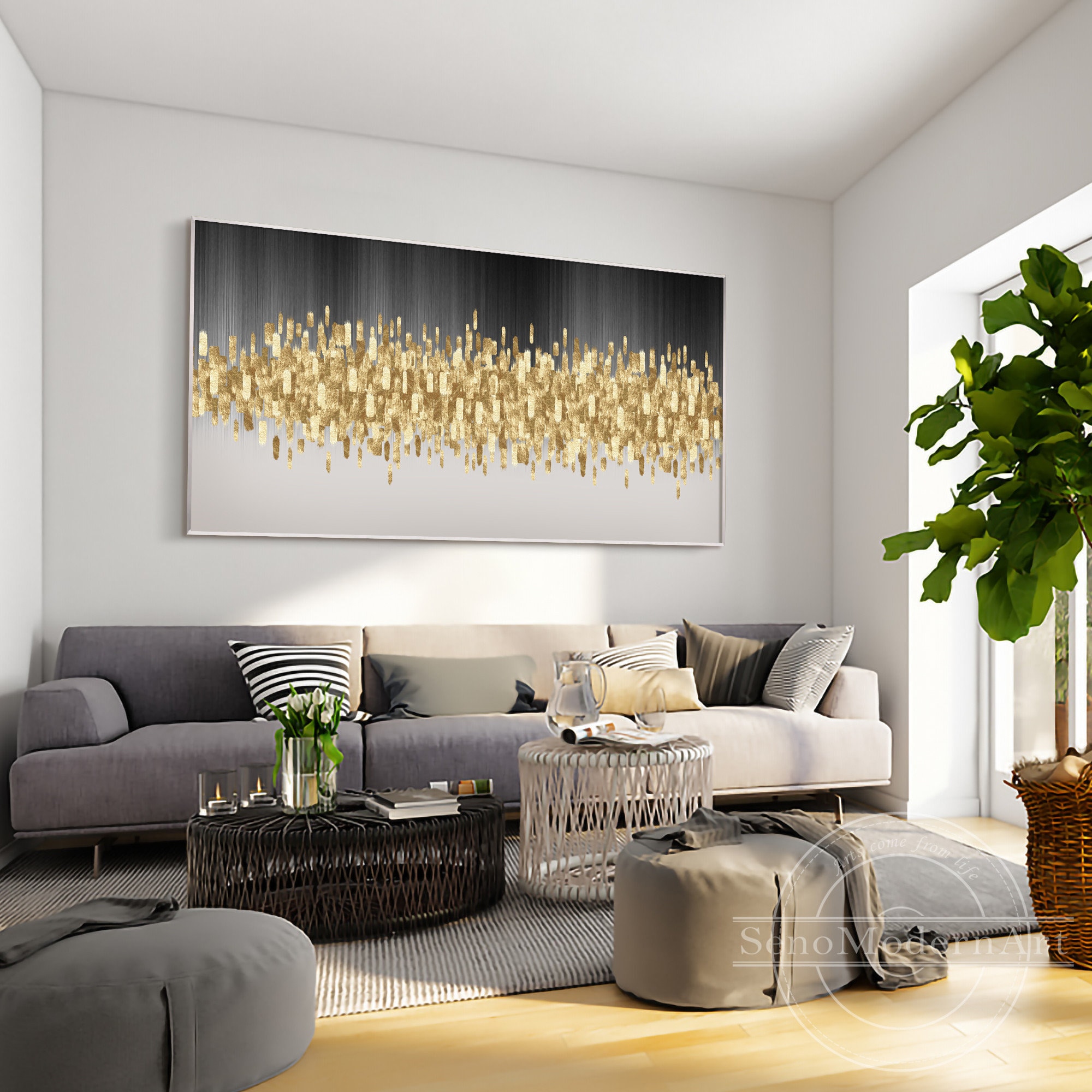Minimalist Gold Black Grey Print Painting Abstract Frame Wall Art on ...