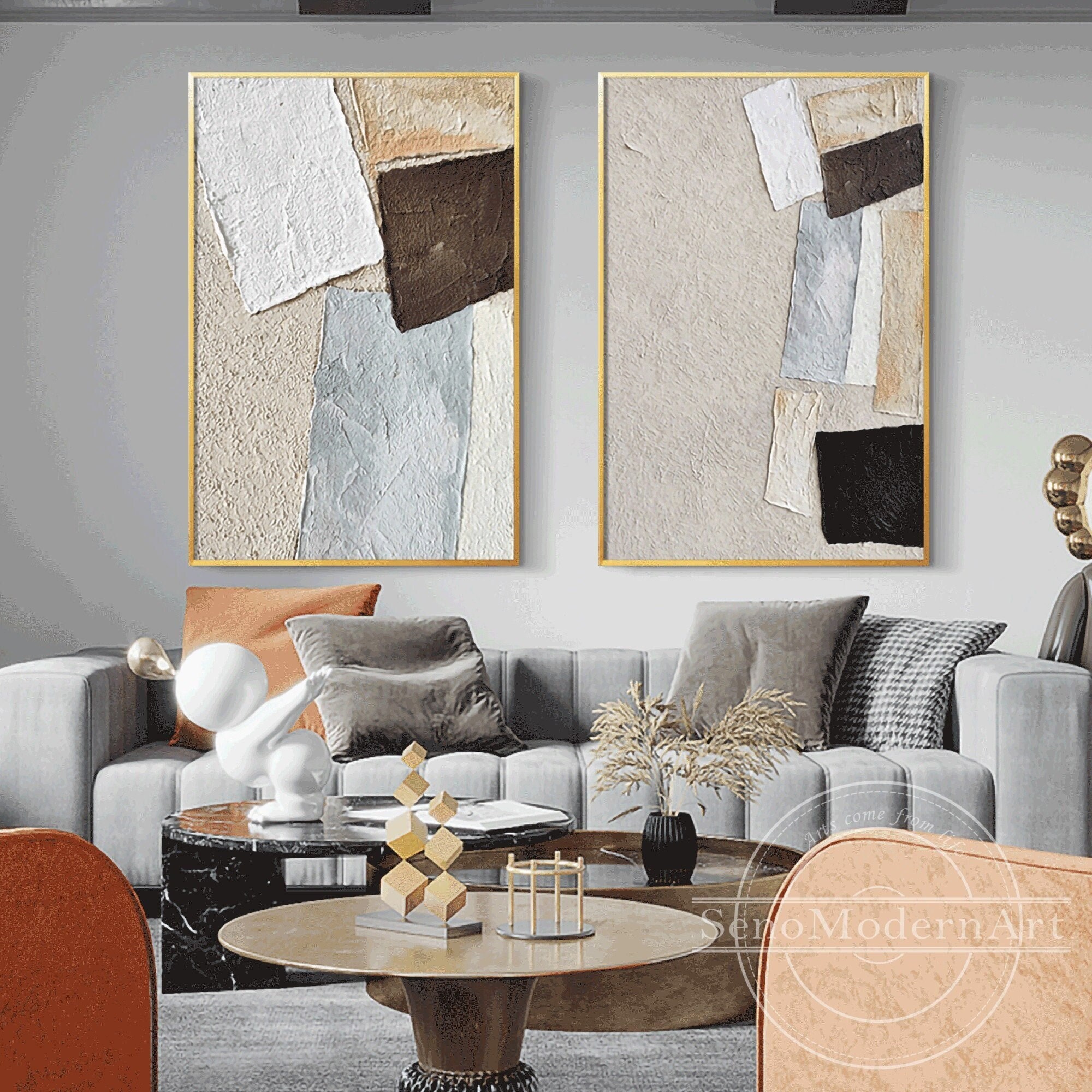 Set of 2 Beige Brown Geometric Painting Blue Minimalist - Etsy