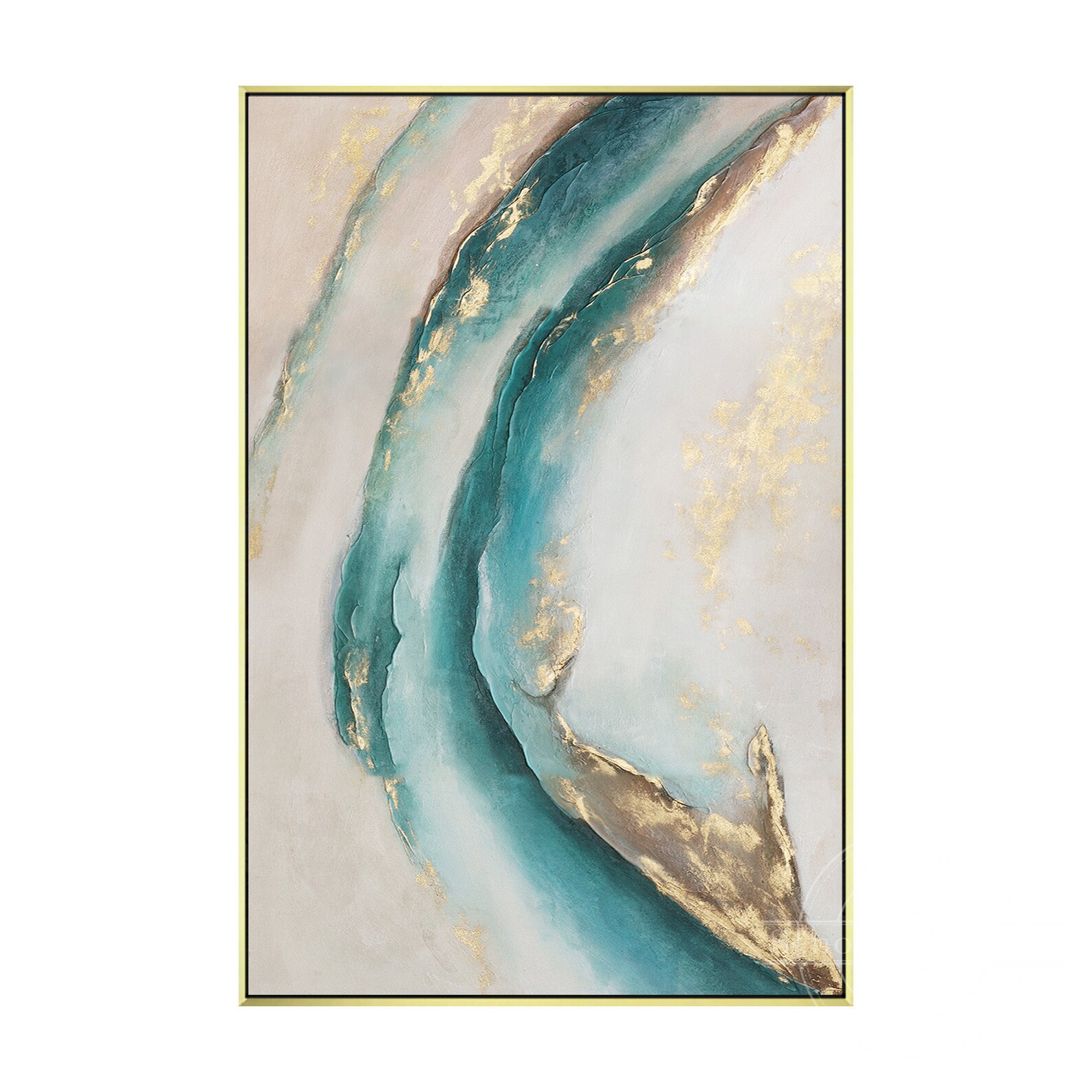 Turquoise Green Abstract Painting Swimming Gold Dolphin Beige - Etsy