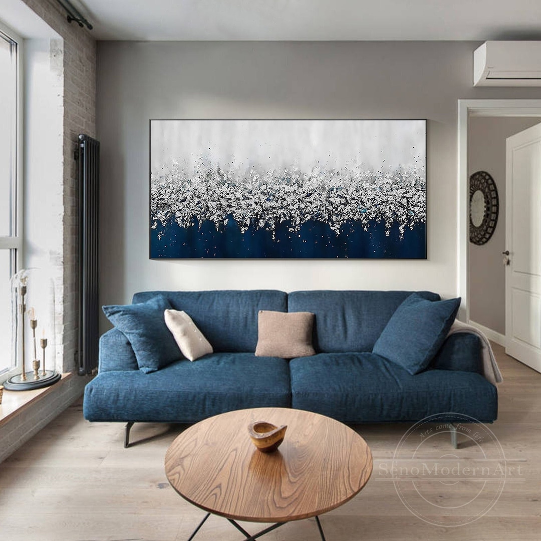 Navy Blue Silver Glitter Painting,abstract Textured Silver Foil Art ...