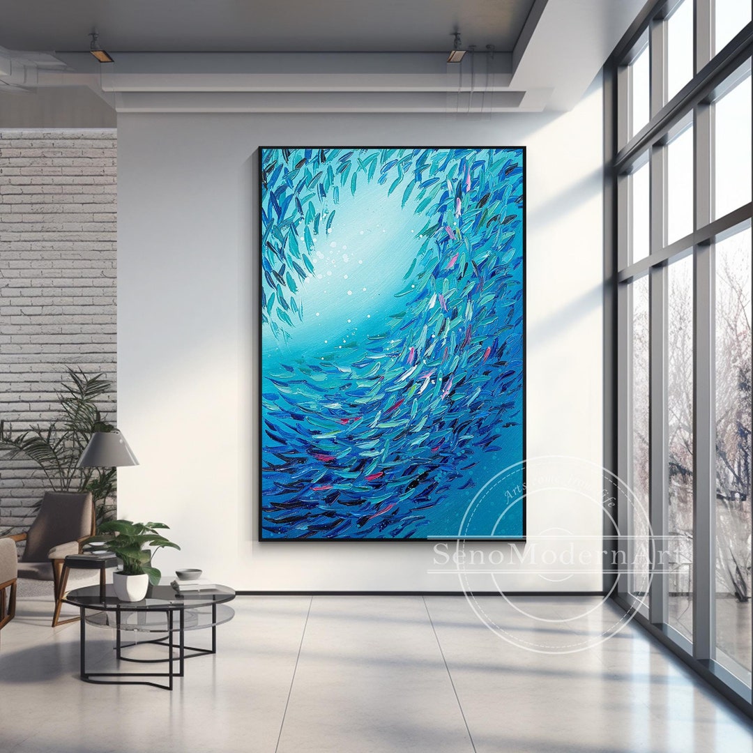 School of Fish Abstract Painting Blue Teal Swimming Sea Fish Underwater ...