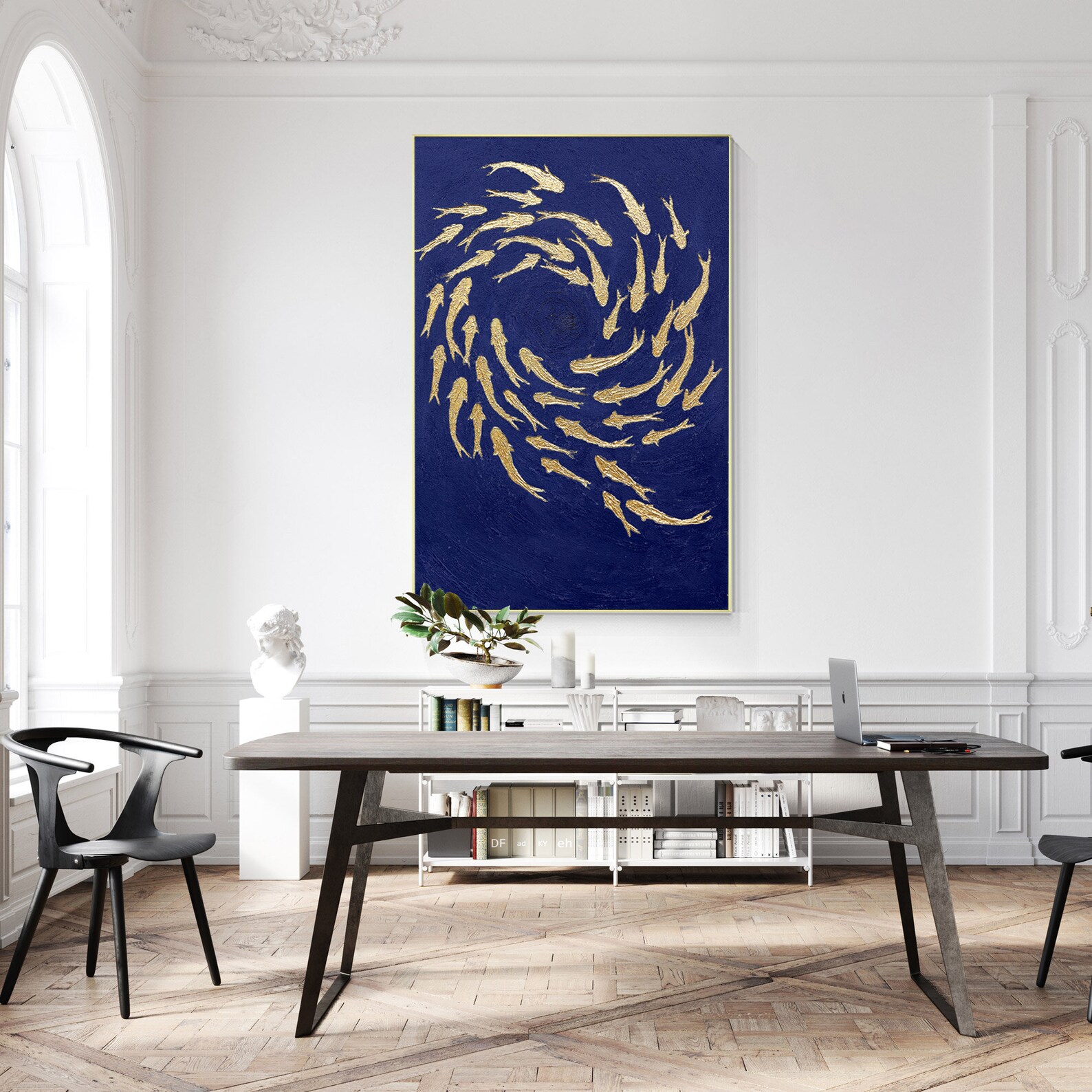 Gold Foil Fish Painting, Dark Blue Textured Abstract Art, Hand Painted ...