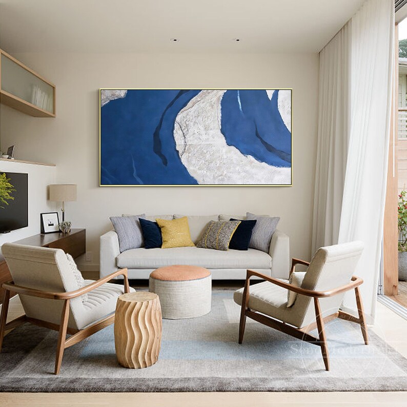 Blue Modern Abstract Art Oil Painting Navy Blue Gray Framed - Etsy