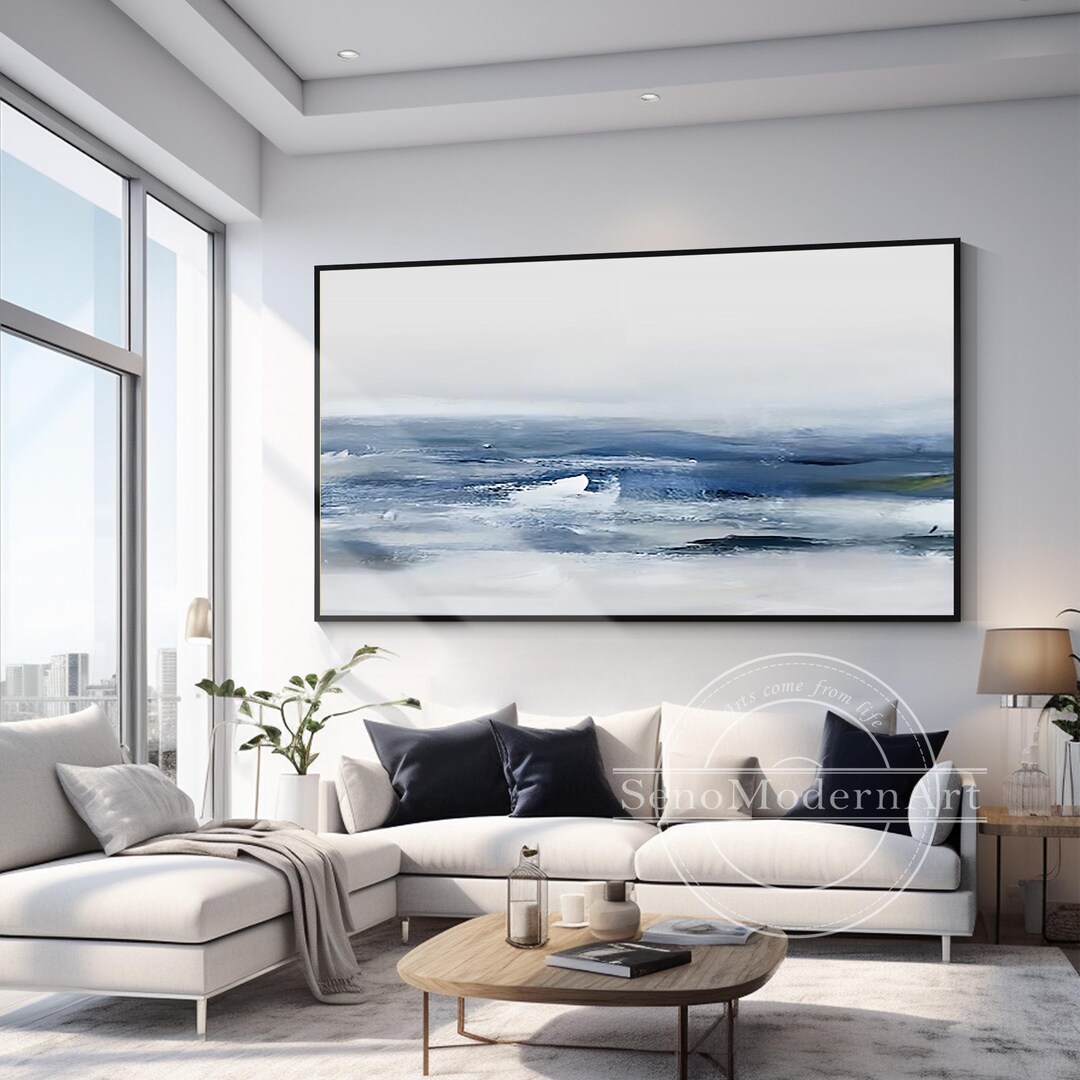 Textured Ocean Painting: Gray Blue Abstract Seascape, Framed Coastal ...