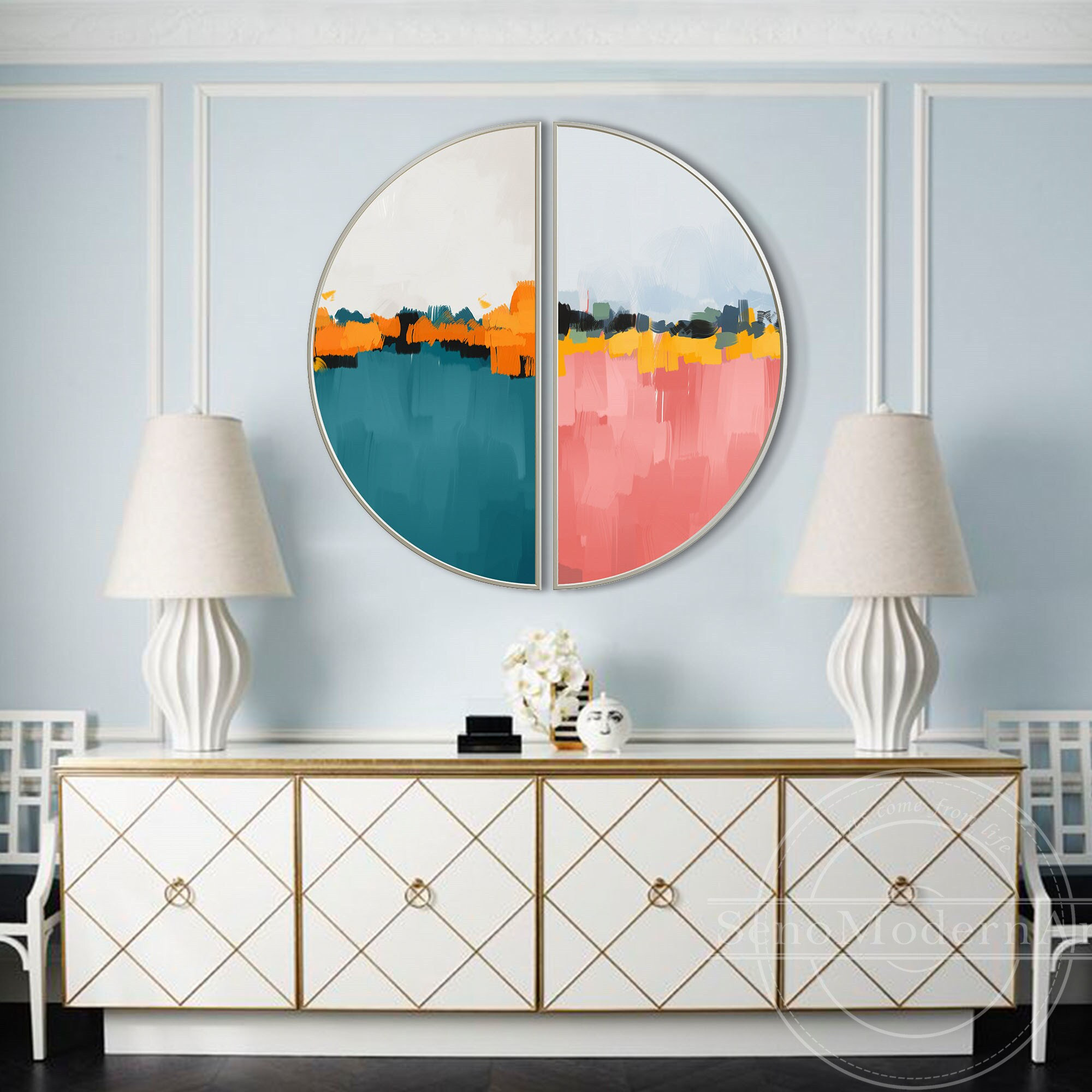Blue Pink Round Art Abstract Painting Set of 2 Framed Wall Art Original ...