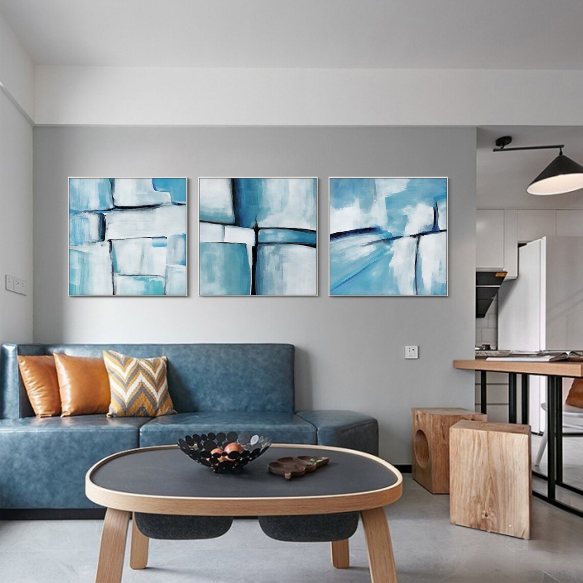 Set of 3 Light Blue Abstract Art Hand Painting Blue - Etsy
