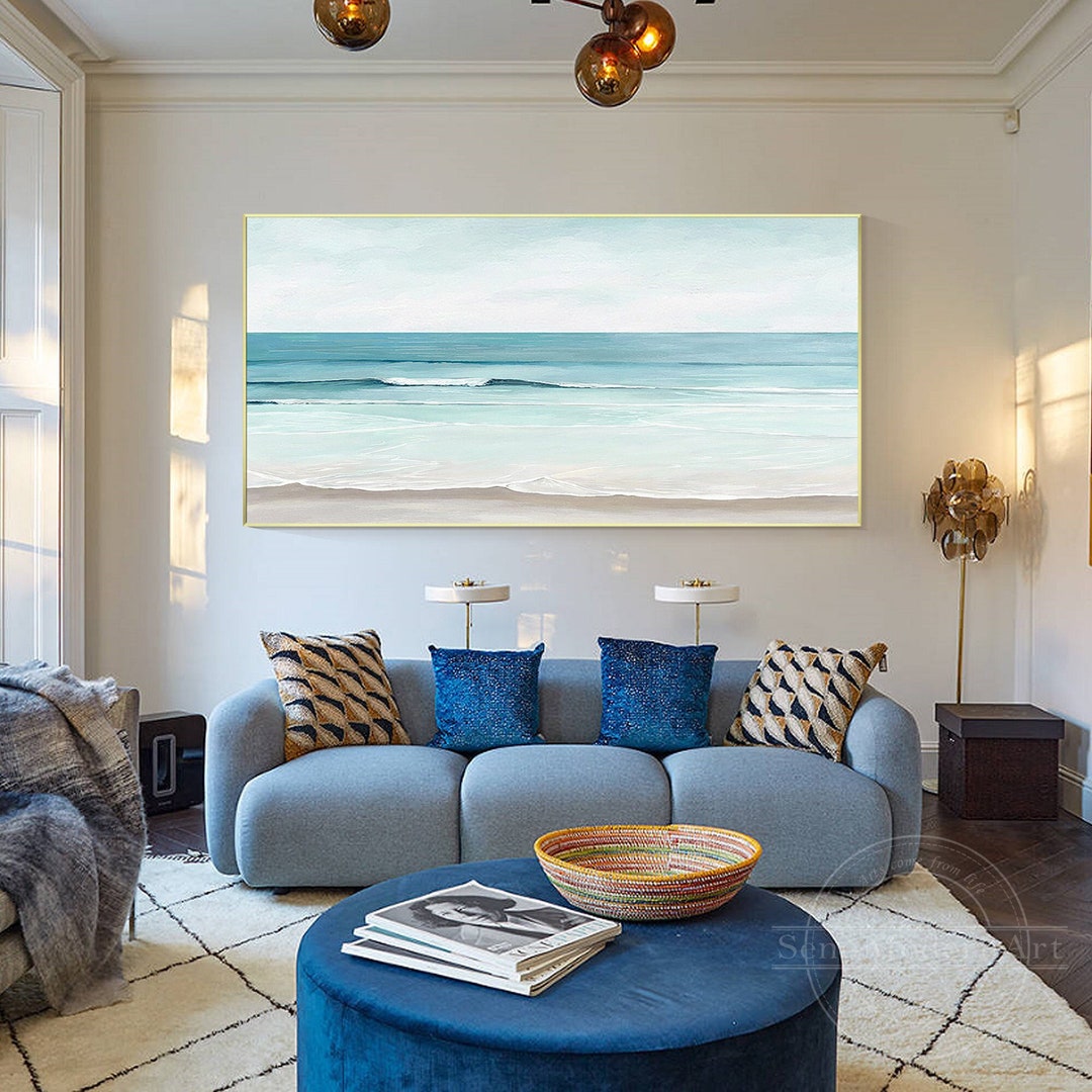 Horizontal Beach Painting Seascape Painting 3D Textured Art Teal Ocean ...