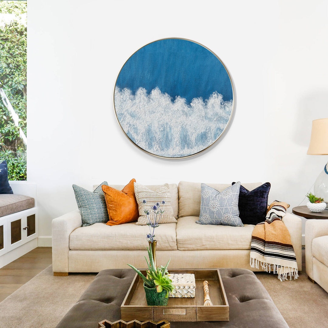 White Blue 3D Textured Art Round Ocean Waves Painting Modern Abstract ...