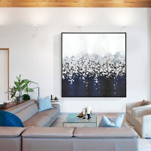 Dark Blue Silver Abstract Painting on Canvas Silver Leaf Textured Art ...