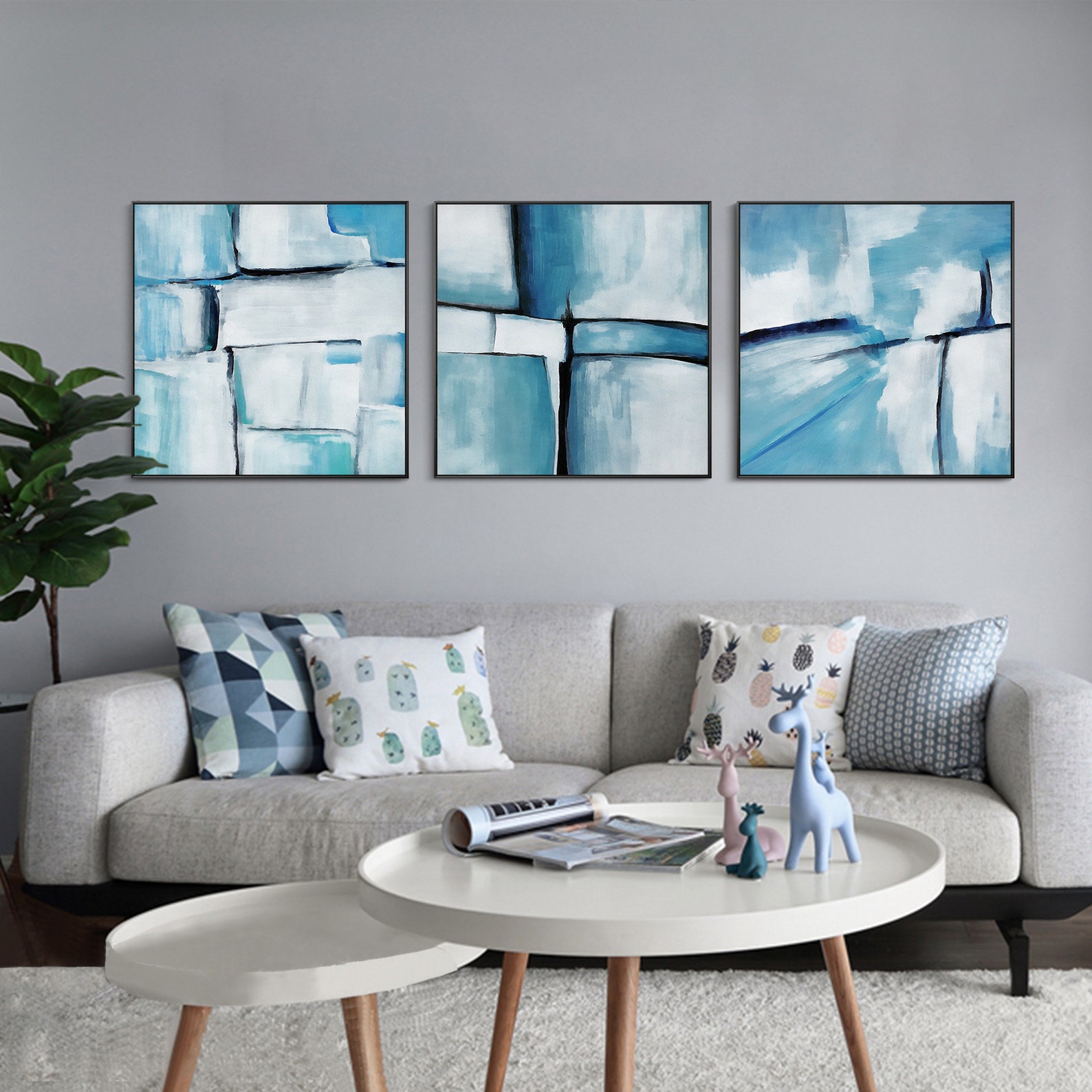 Set of 3 Light Blue Abstract Art Hand Painting Blue - Etsy