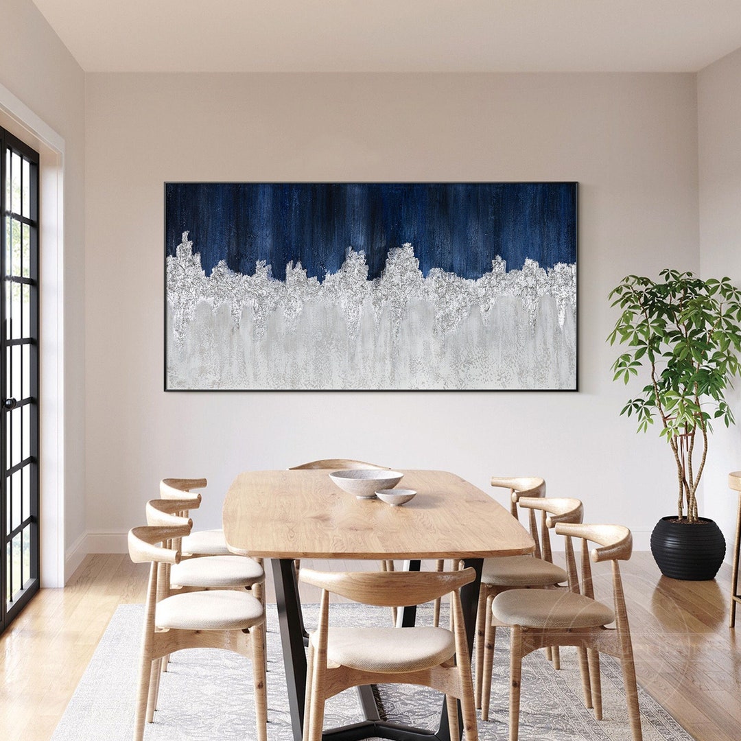 Blue Painting Silver Leaf Textured Abstract Art Original - Etsy