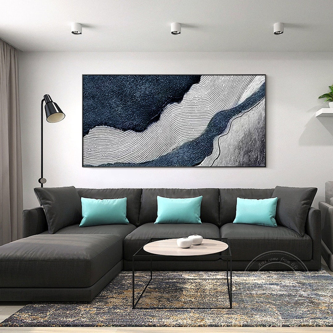 Navy Blue Gray Abstract Ocean Painting Horiztonal Dark Blue 3D Textured ...