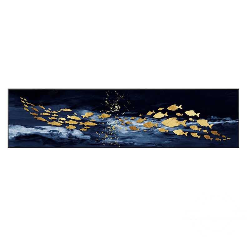 Navy Blue Hand Painted Abstract Gold Fish Painting Long Narrow Ocean ...