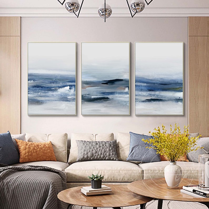 Set of 3 Framed Wall Art Abstract Steel Blue White Seascape - Etsy