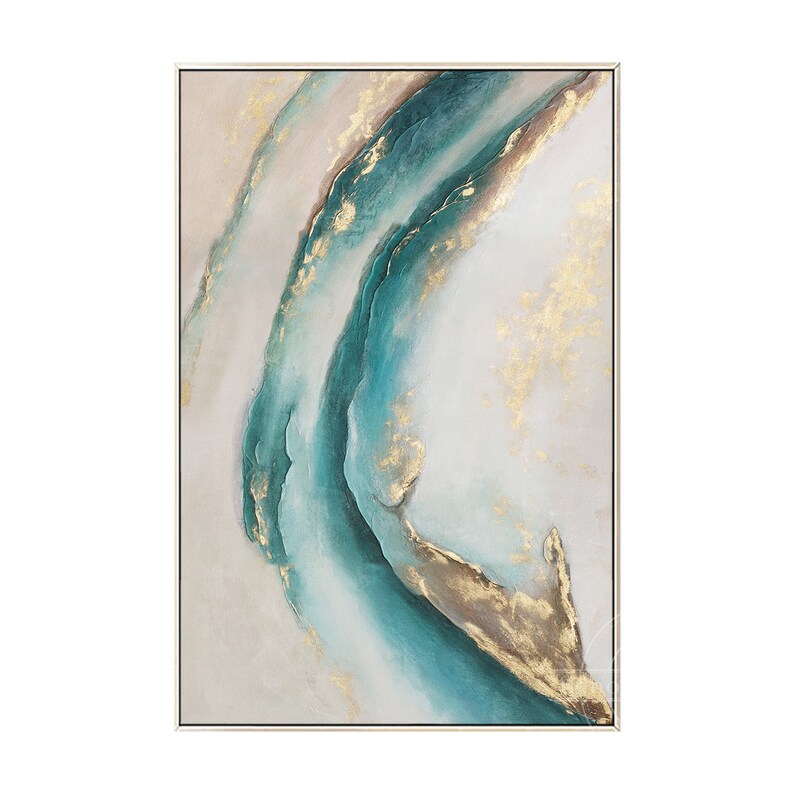 Turquoise Green Abstract Painting Swimming Gold Dolphin Beige - Etsy