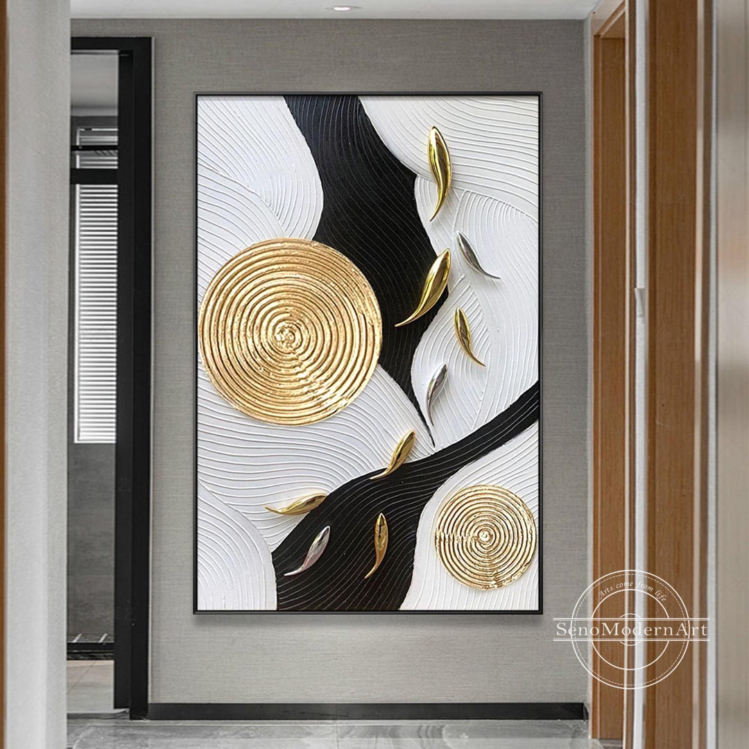 School of Gold Fish 3D Texture Abstract Painting Black White Gold Fish ...
