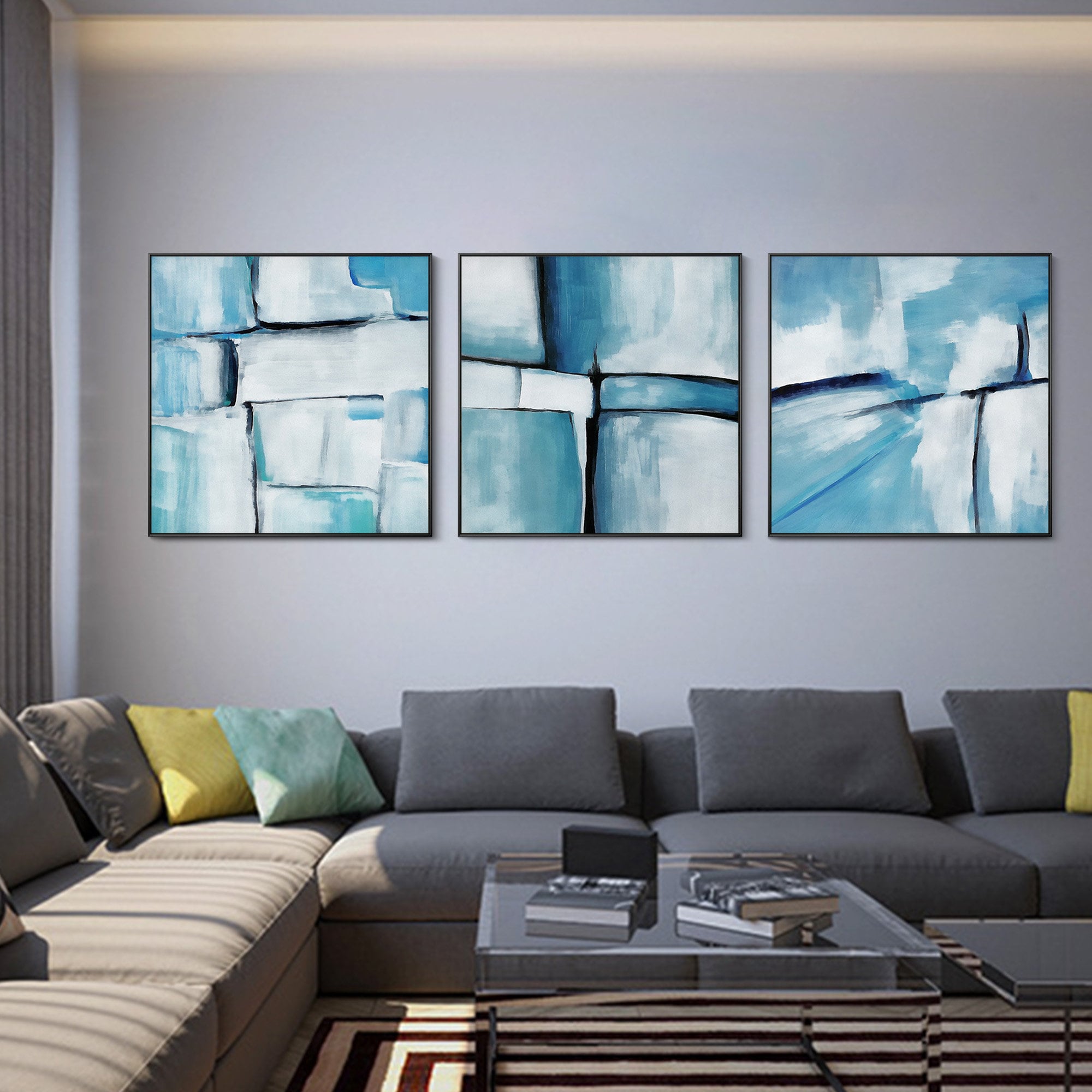 Set of 3 Light Blue Abstract Art Hand Painting Blue - Etsy