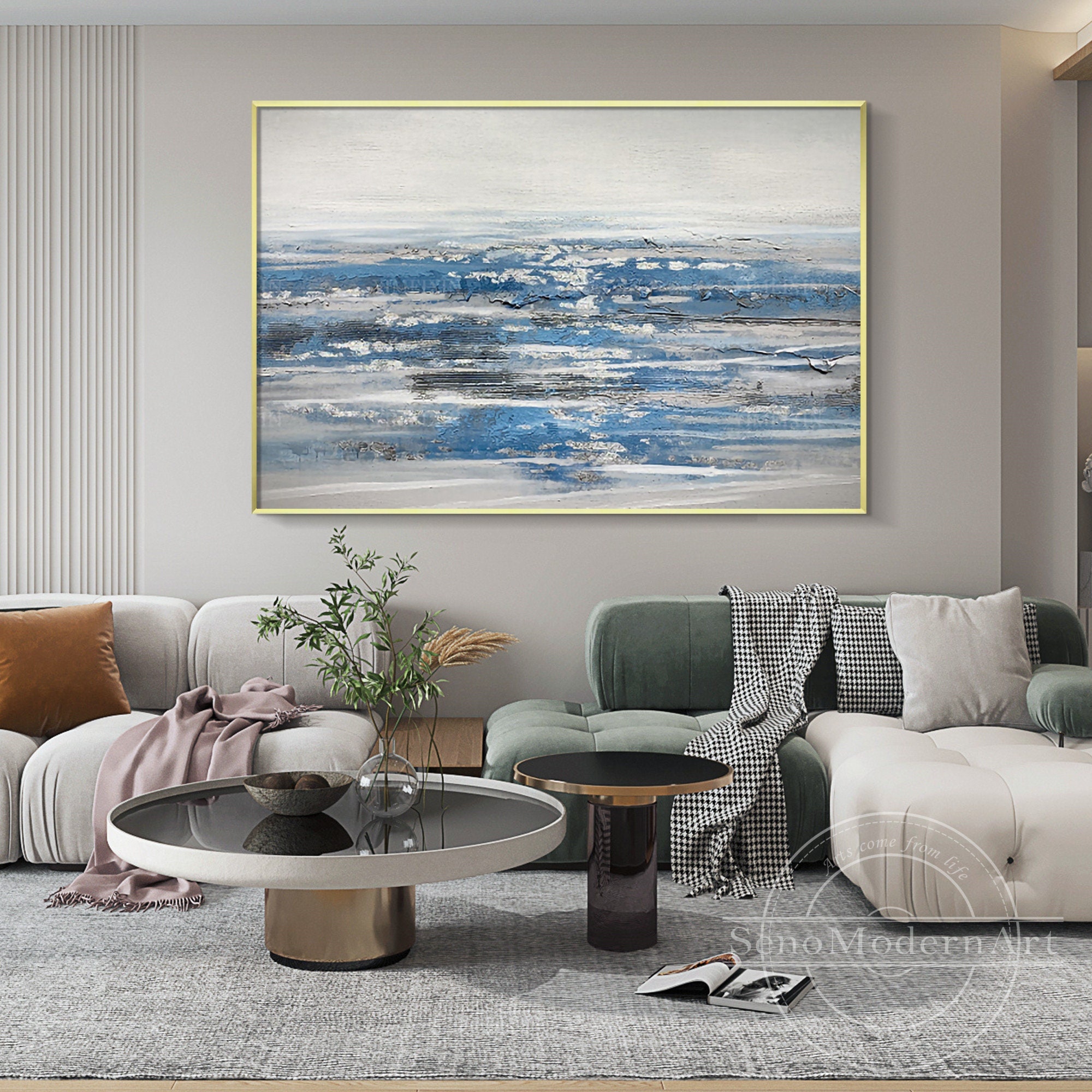 Light Sky Blue Gray Painting Modern Abstract Framed Wall Art Ocean Hand ...