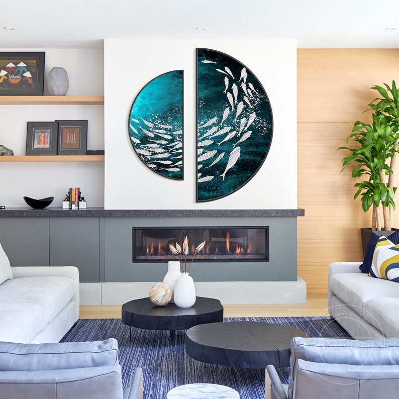 Set of 2 Silver Fish Painting Ocean Wall Art Half Round - Etsy