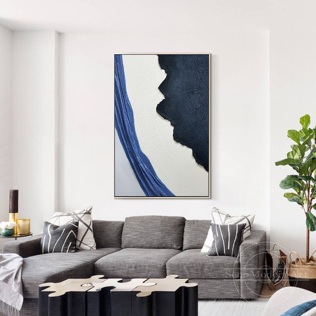 Navy Blue Painting Large White Textured Wall Art Modern Abstract ...