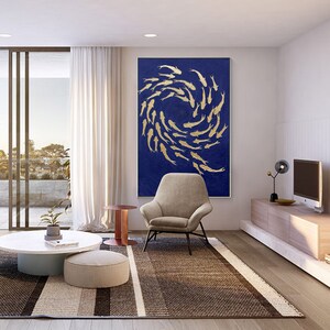 Gold Foil Fish Painting, Dark Blue Textured Abstract Art, Hand Painted ...