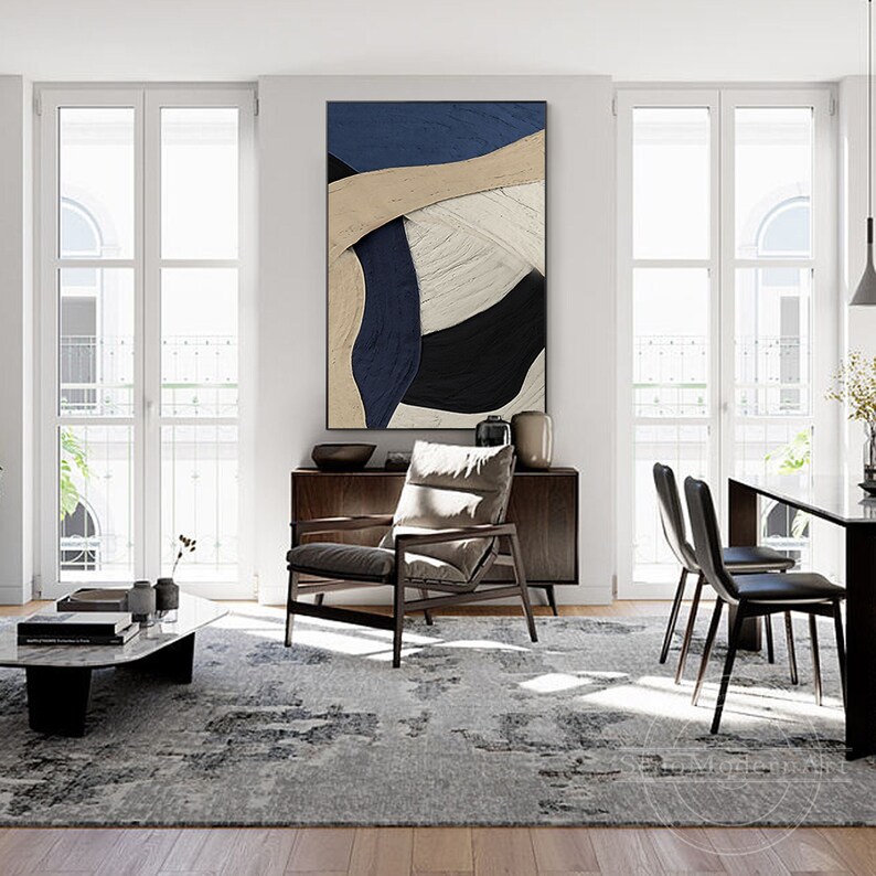 Dark Blue Abstract Art Navy Blue Beige Minimalist Art 3D Textured Art ...