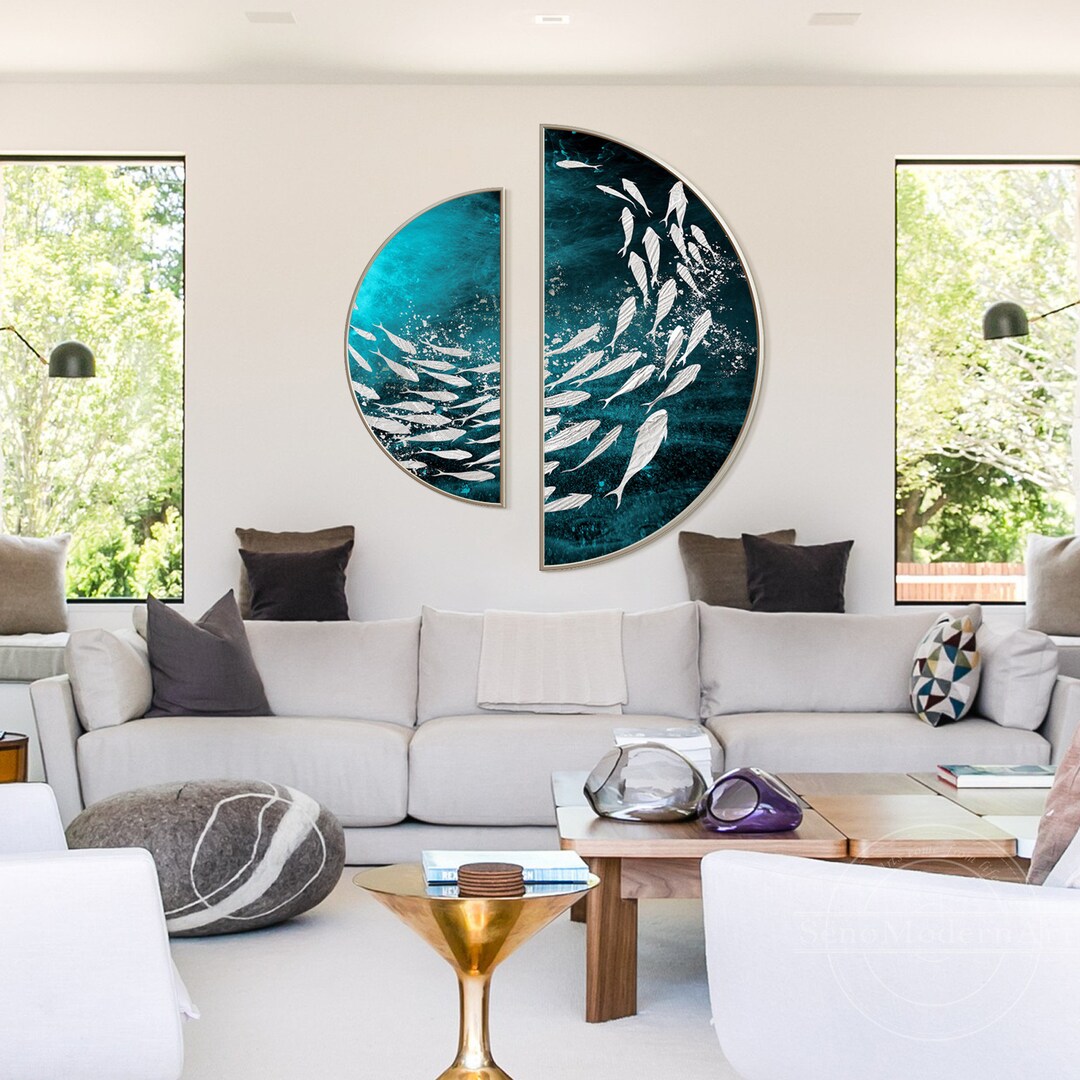 Set of 2 Silver Fish Painting Ocean Wall Art Half Round - Etsy