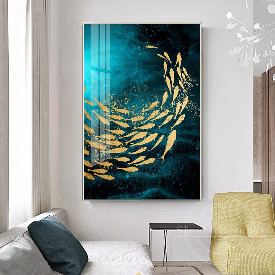 School of Fish Art Gold Fish Painting Abstract Fish Framed Wall Art ...