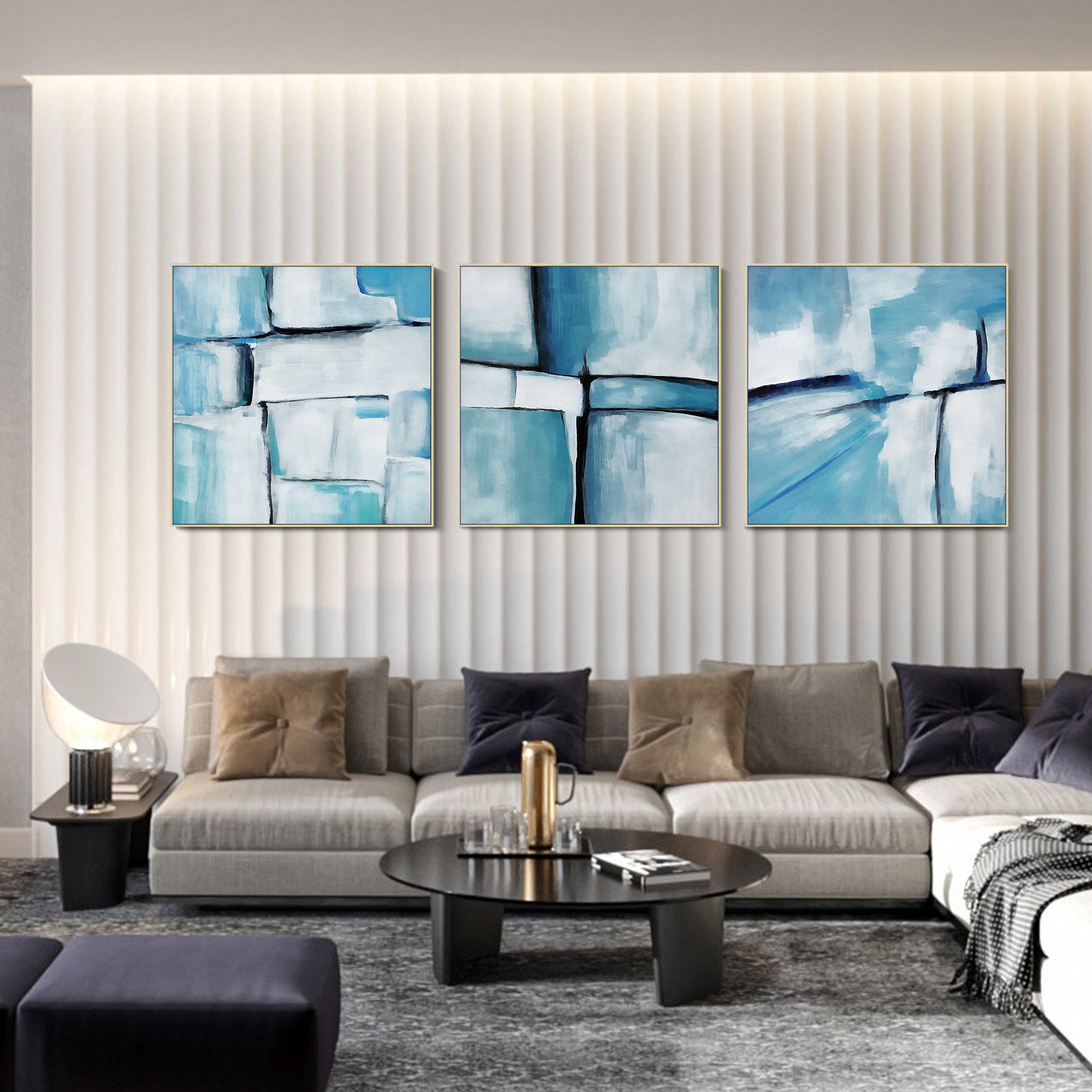 Set of 3 Light Blue Abstract Art Hand Painting Blue - Etsy