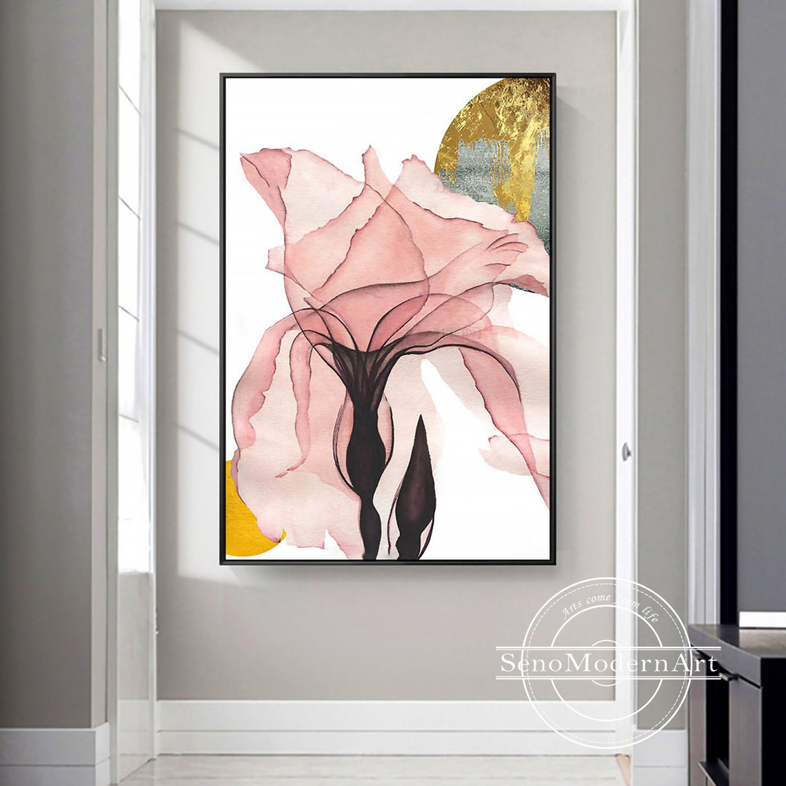 Pink Flower Frame Wall Art Modern Abstract Floral Gold Leaf - Etsy