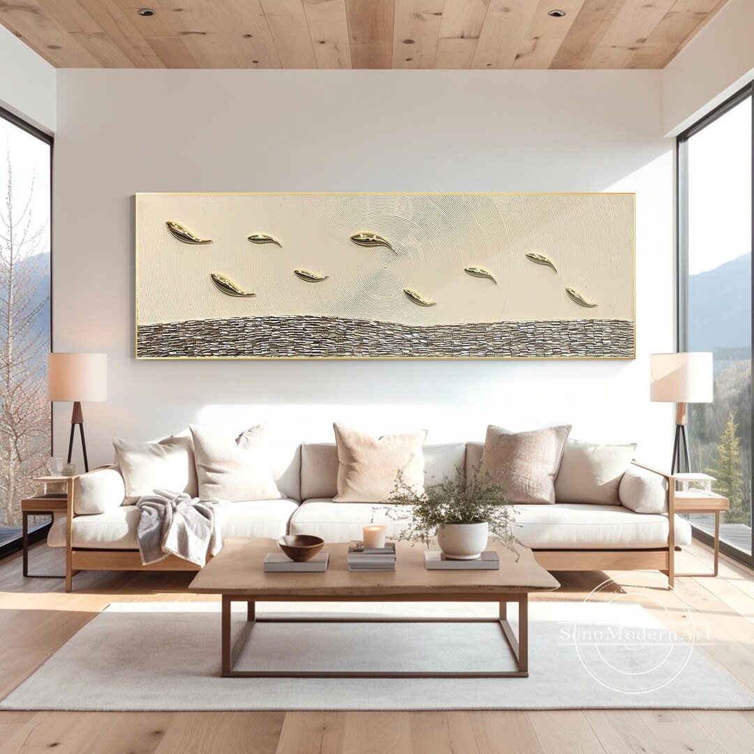 School of Gold Fish Shell Abastract Textured Painting Long Narrow ...