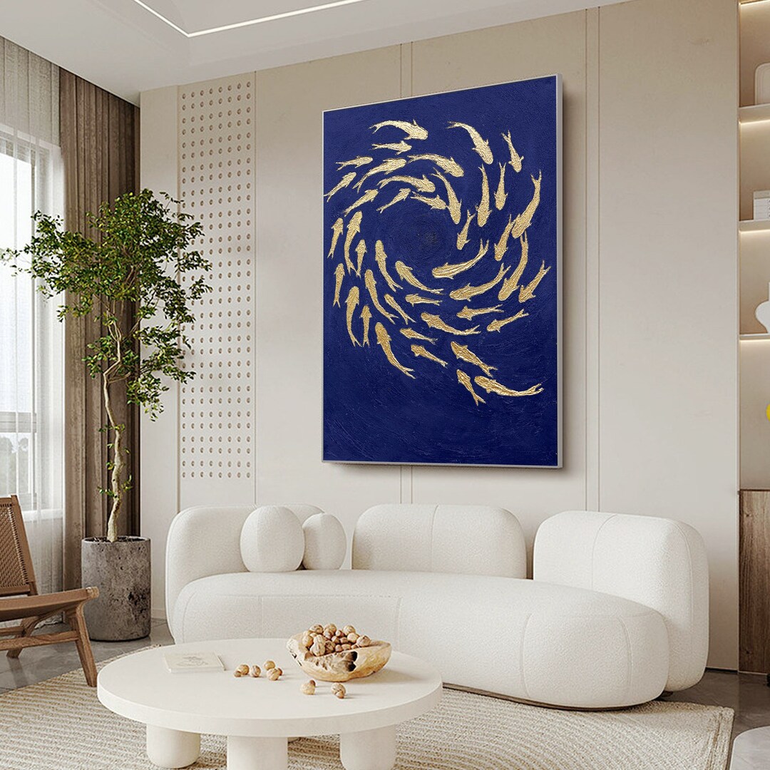 Gold Foil Fish Painting, Dark Blue Textured Abstract Art, Hand Painted ...