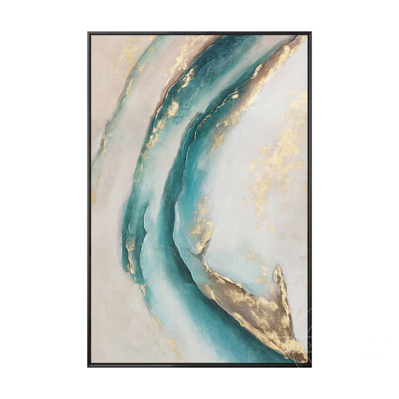 Turquoise Green Abstract Painting Swimming Gold Dolphin Beige - Etsy