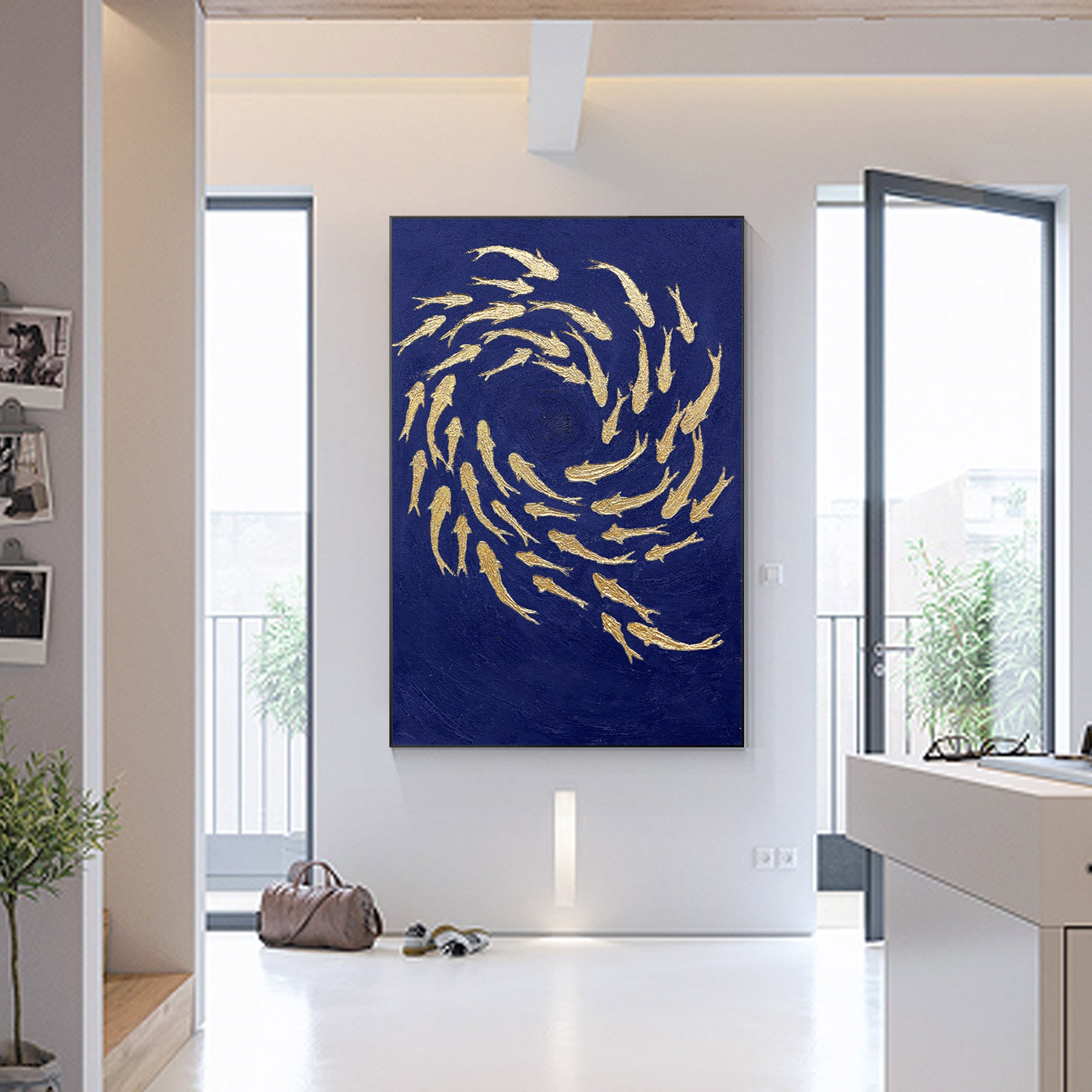 Gold Foil Fish Painting, Dark Blue Textured Abstract Art, Hand Painted ...