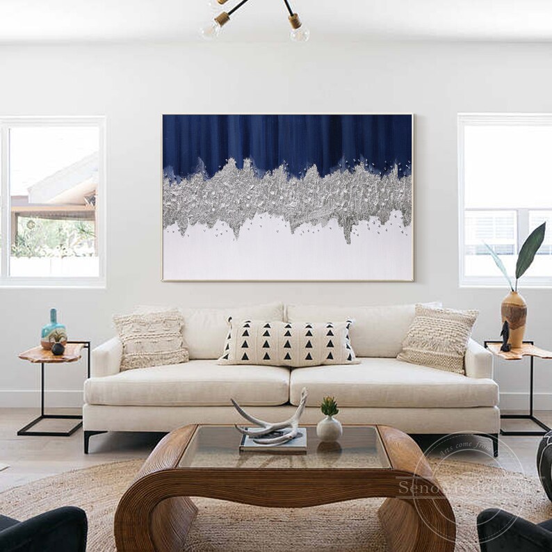 Crystal Navy Blue Abstract Painting Silver Leaf Modern - Etsy