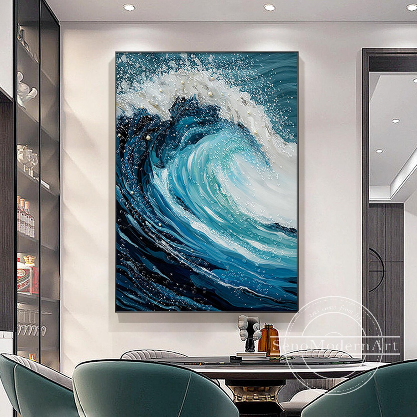 Teal Ocean Wave Resin Painting, Coastal Geode Wall Art, Pearl Textured ...