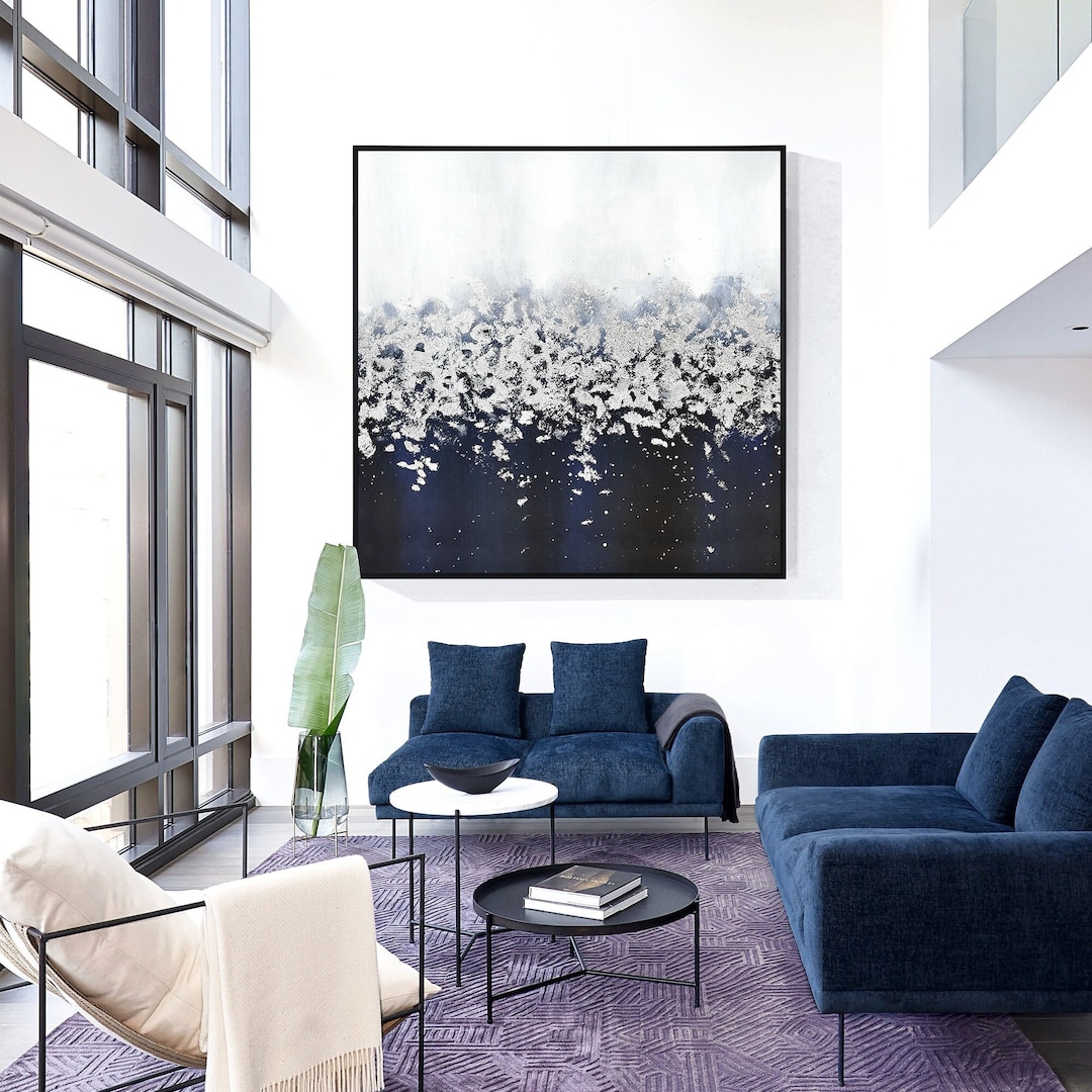 Dark Blue Silver Abstract Painting on Canvas Silver Leaf Textured Art ...