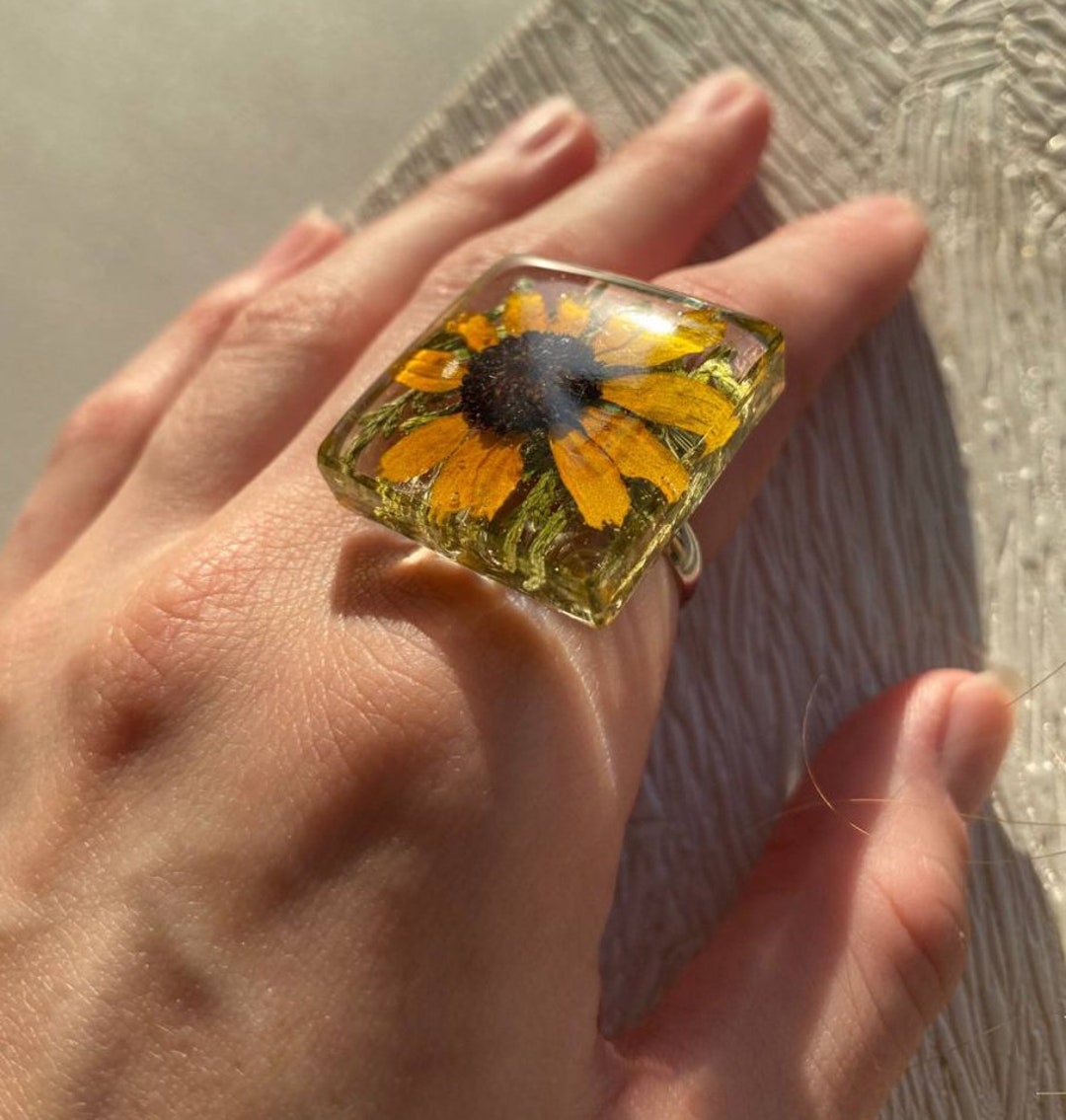 Sunflower Ring, Real Flower Ring, Handmade Resin Accessories Jewelry ...