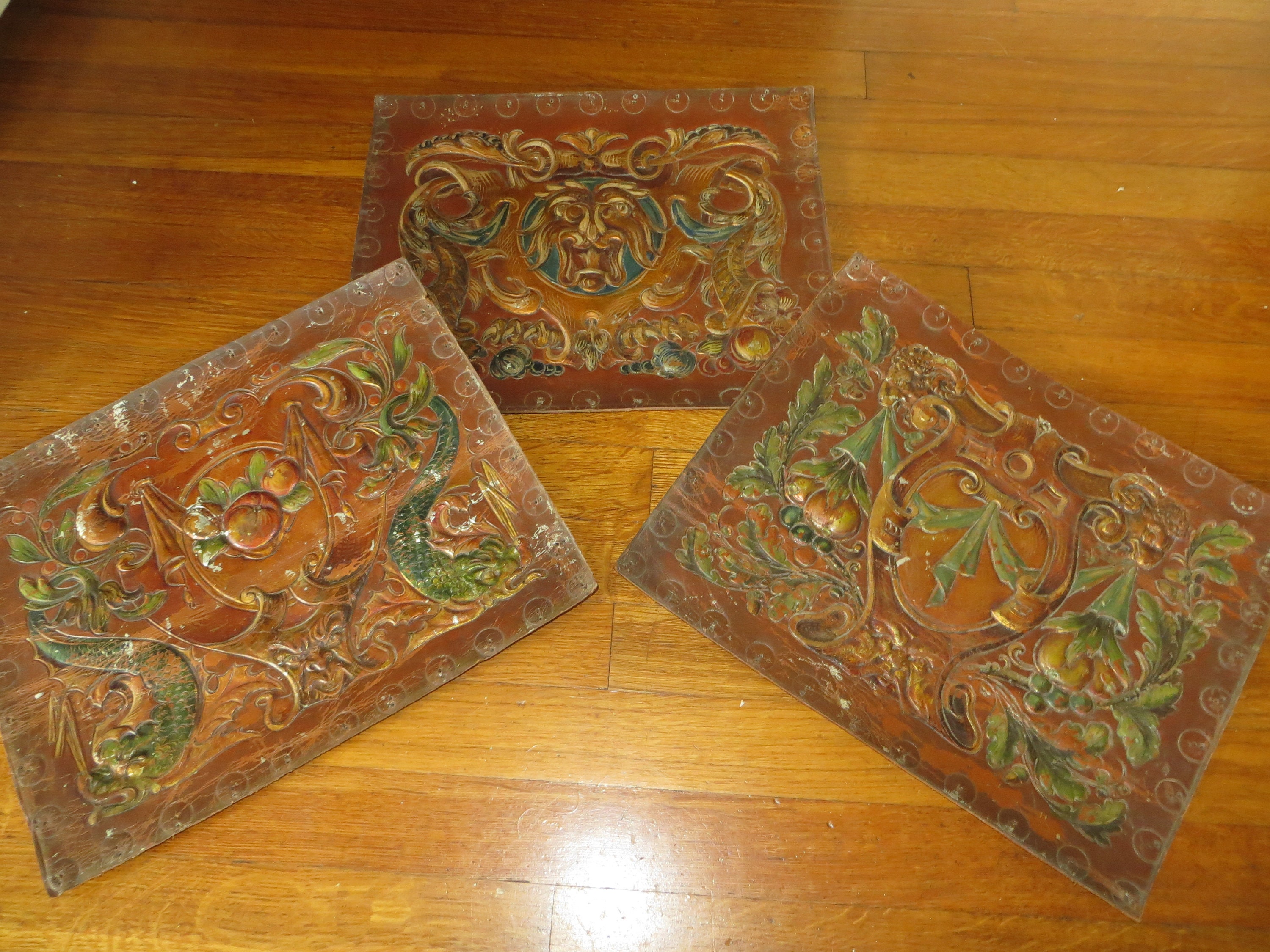 Three 3 French Antique Leather Panels/ Coloured Mythological Creatures ...