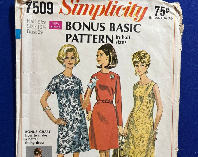 Simplicity Sewing Pattern 7509 Bonus Basic Dress Size 16-1/2 Bust 39 ...