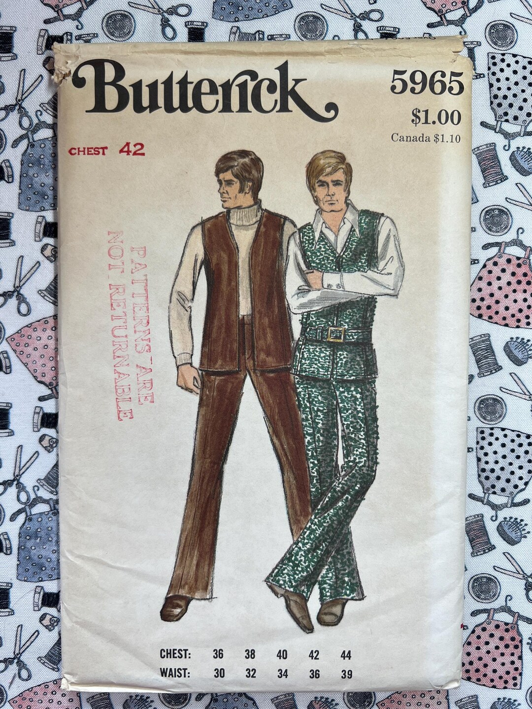 Butterick Sewing Pattern 5965 Men's Vest Pants Chest 42 Waist 36 Hip 43 ...