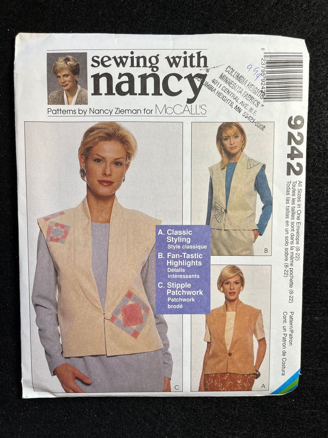 Sewing With Nancy for Mccall's 9242 Misses' Lined Vests Size 8-22 FF ...