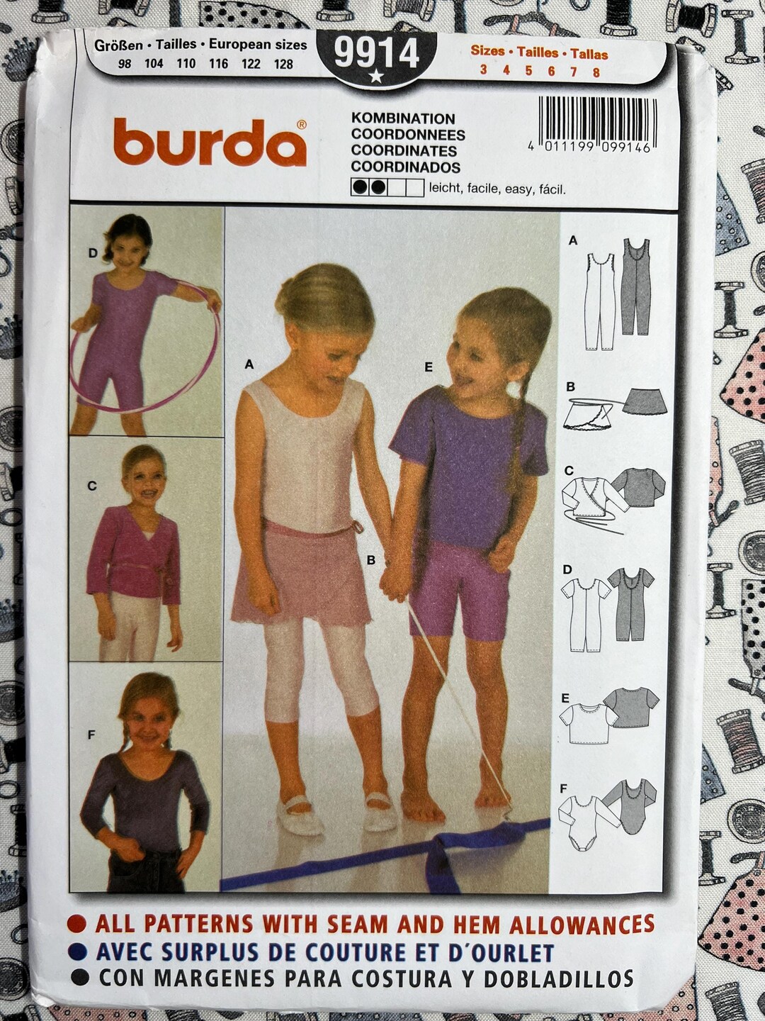 Burda Sewing Pattern 9914 Leotard Jumper Shirt Skirt Shorts Size 3-8 FF ...