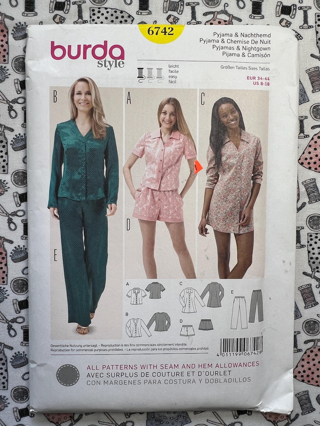 Burda Sewing Pattern 6742 Misses' Pajamas Nightshirt Size 8-18 FF UNCUT ...