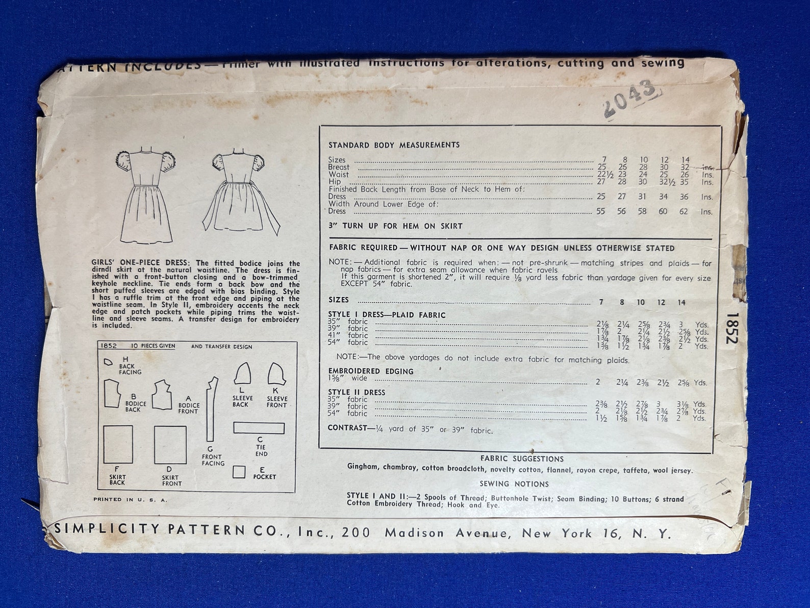 Simplicity Sewing Pattern 1852 Girls' One-piece Dress Size 7 FF UNCUT ...