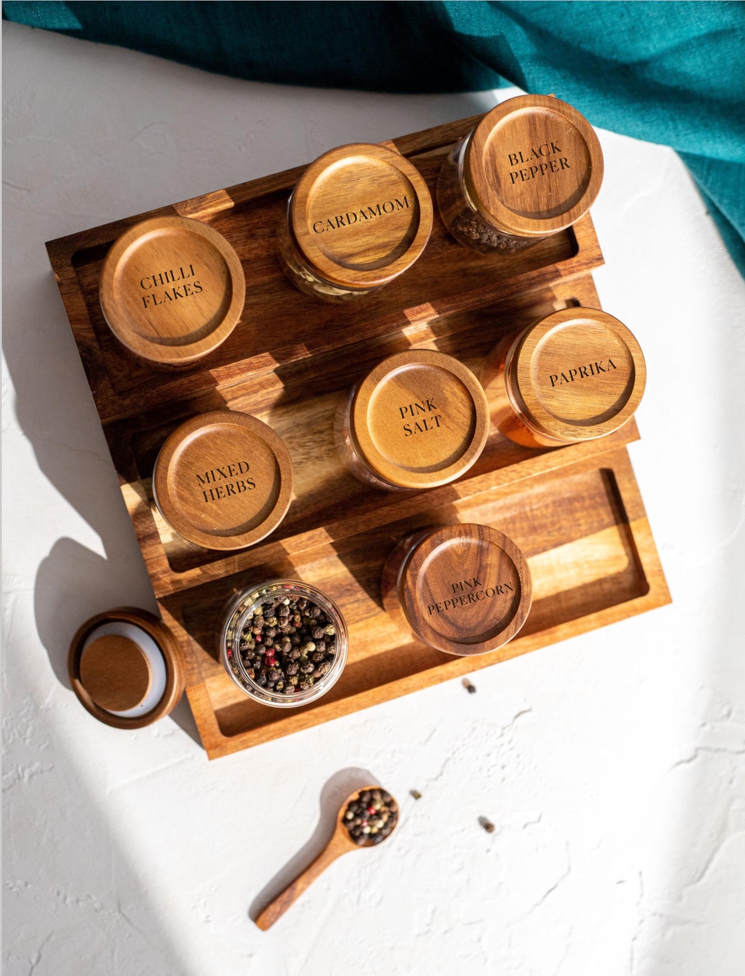 Engraved Glass Spice Jars With Acacia Wood Lids (100ml, 160ml, 300ml ...