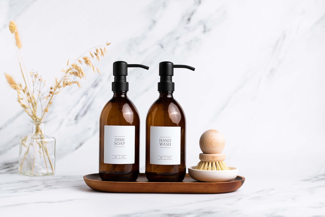 BELA Hand Wash & Dish Soap Glass Bottle Set of Two With Tray and Brush ...