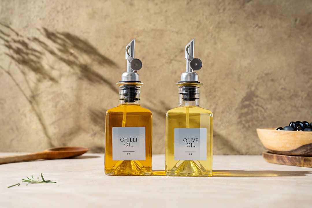 RAINA Oil & Vinegar Square Glass Bottle Pourer | Size 200ml | Silver ...